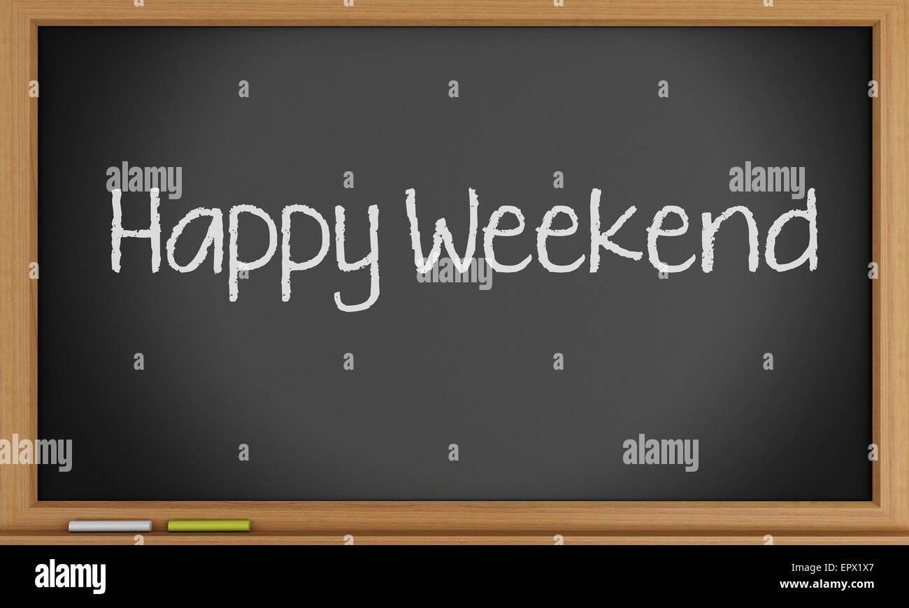 3d illustration. Happy weekend written on blackboard. Vacation concept ...