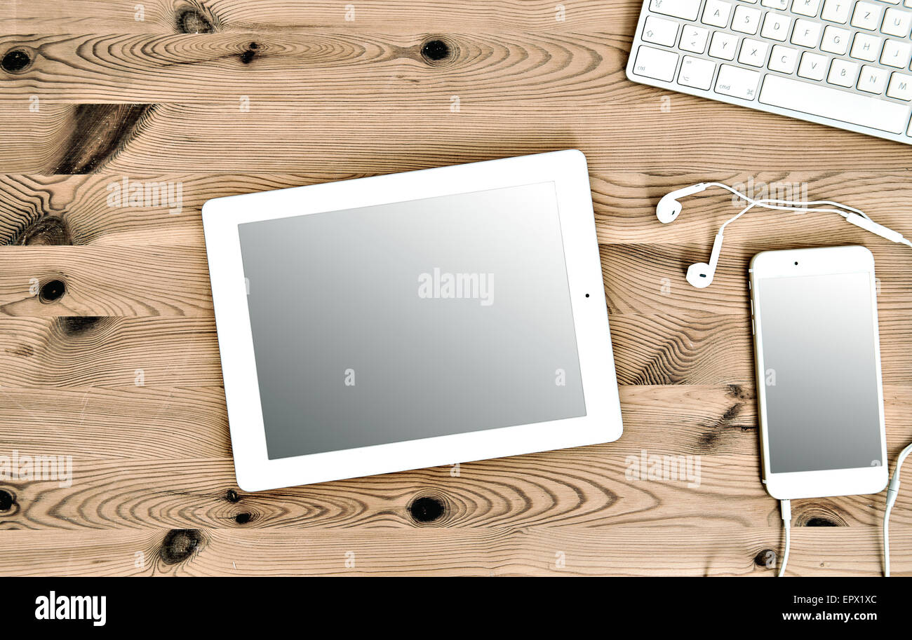 Office Workplace with Keyboard, Tablet PC, Phone, Headphones Stock ...