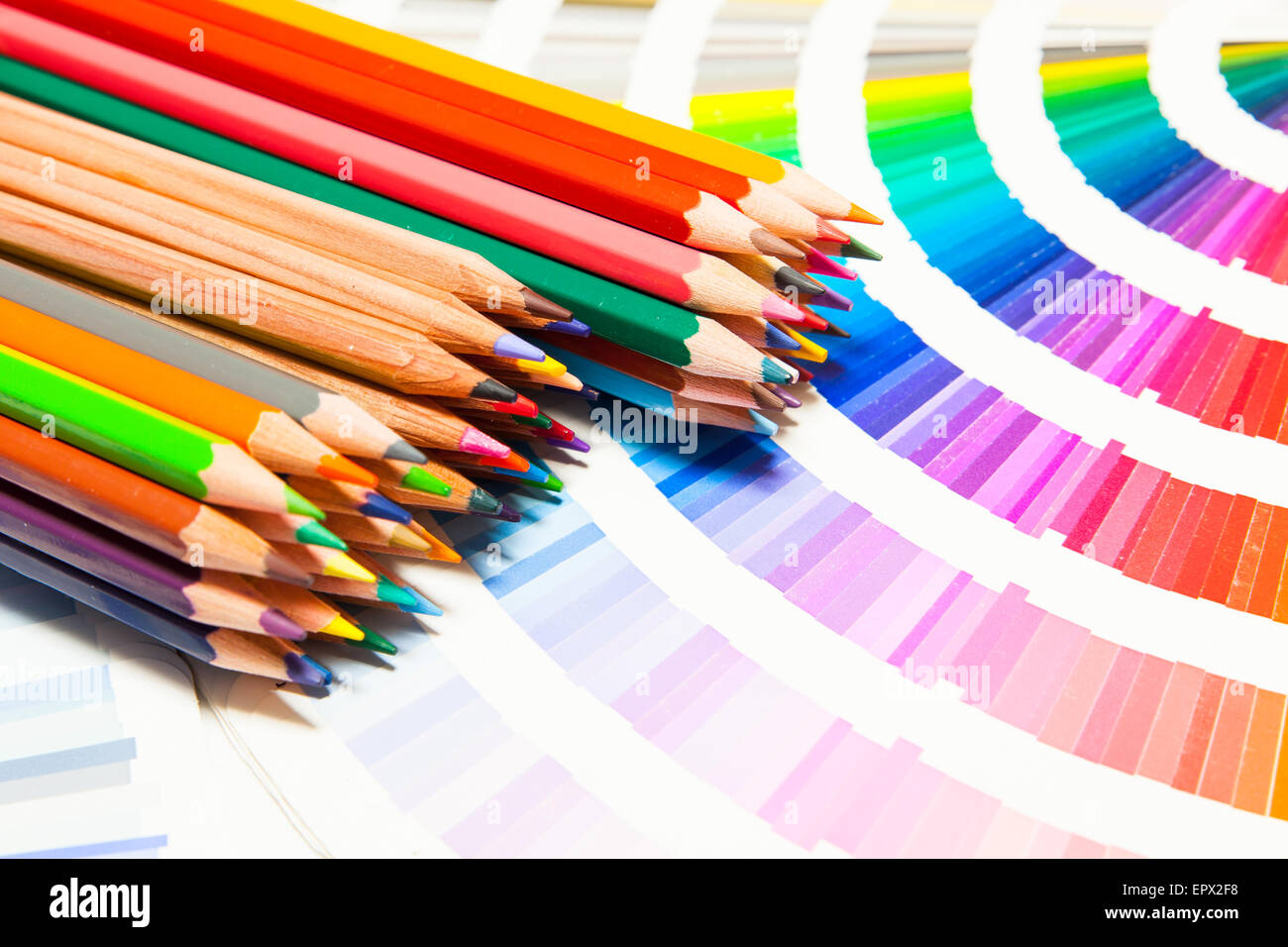 colored pencils and color chart of all colors Stock Photo - Alamy