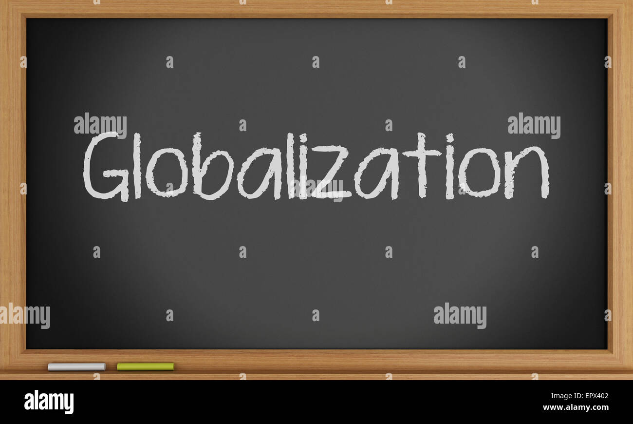 3d illustration. Globalizartion written on blackboard background Stock ...