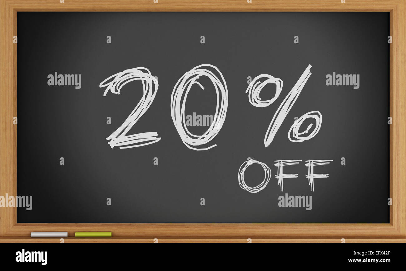 3d illustration. 20 percent off written on blackboard. Sale concept ...
