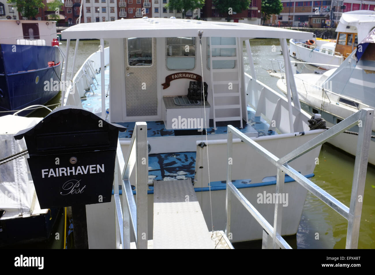 A boat mailbox kept outside a moored boat in Bristol Harbour Stock ...