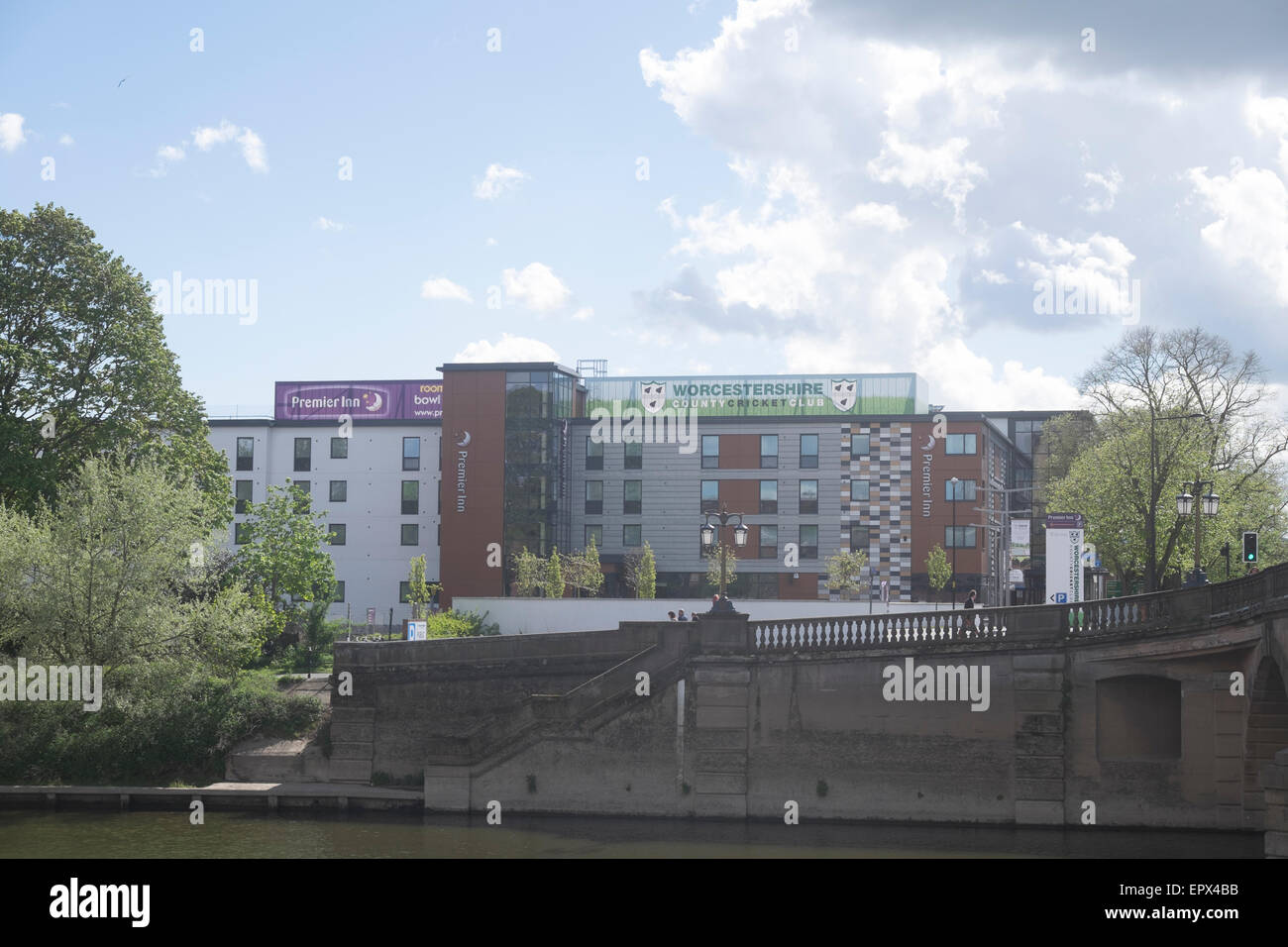 Premier Inn hotel, alongside the river Severn at Worcester cricket ...