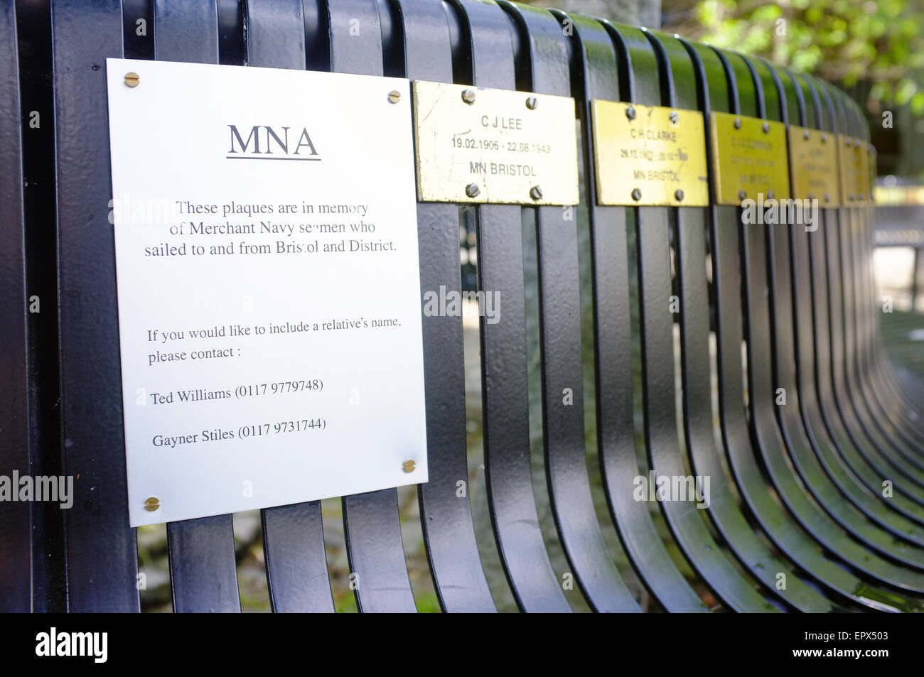 Plaques on a bench in memory of the Merchant Navy Seamen who sailed to ...