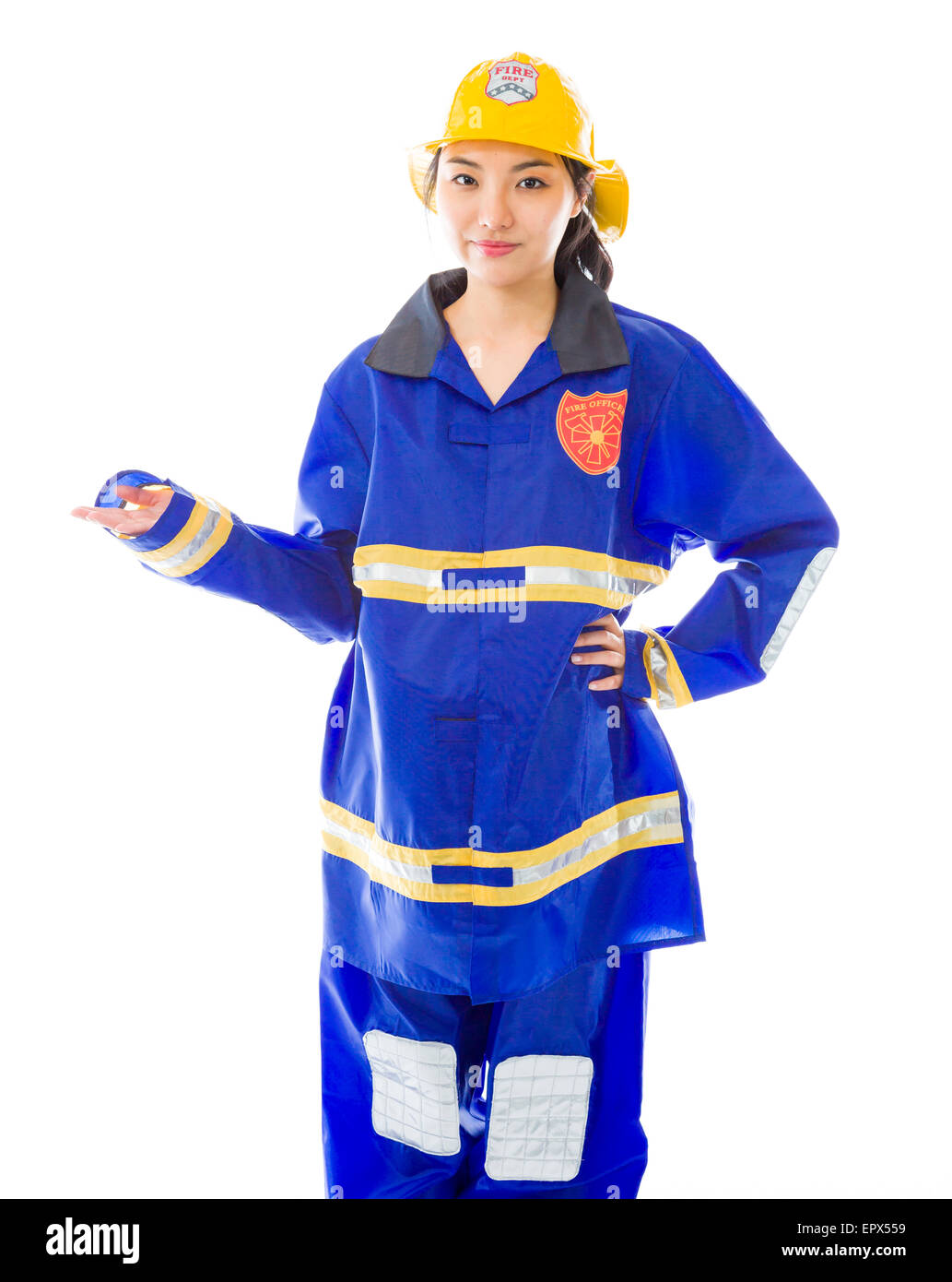 Lady firefighter presenting isolated on white background Stock Photo ...