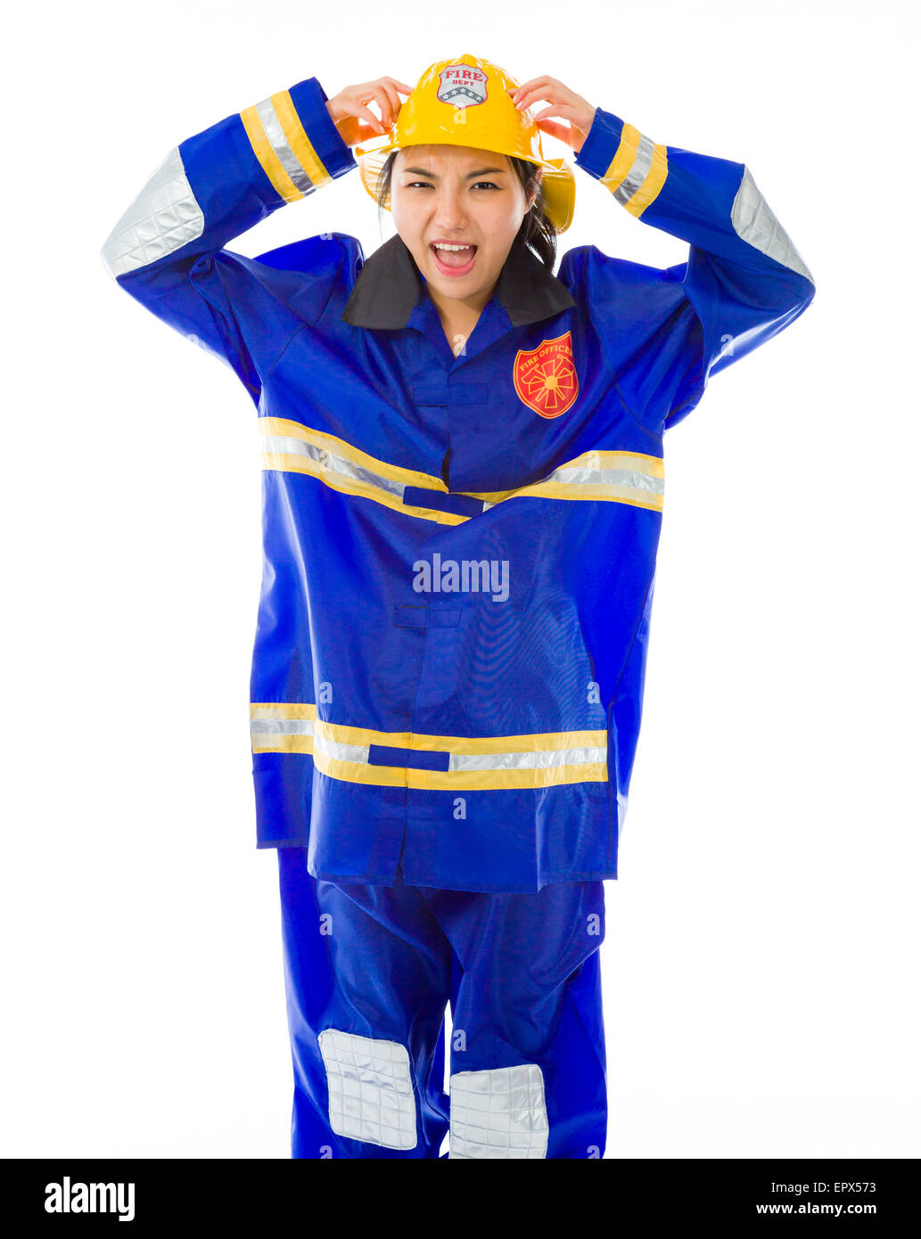 Frustrated lady firefighter screaming Stock Photo - Alamy