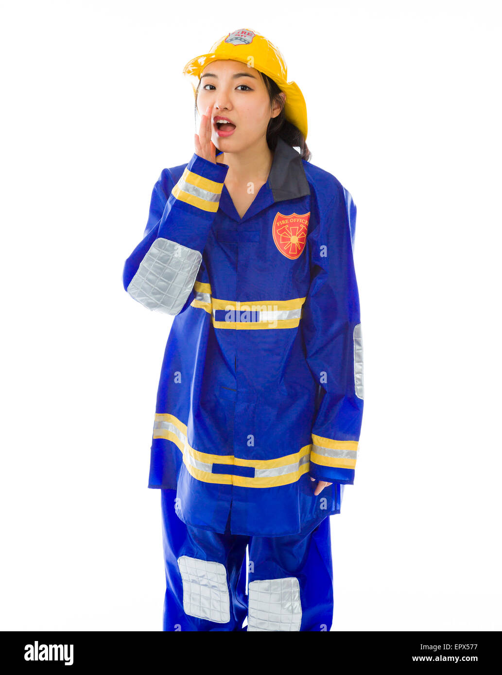 Lady firefighter whispering message isolated on white background Stock ...