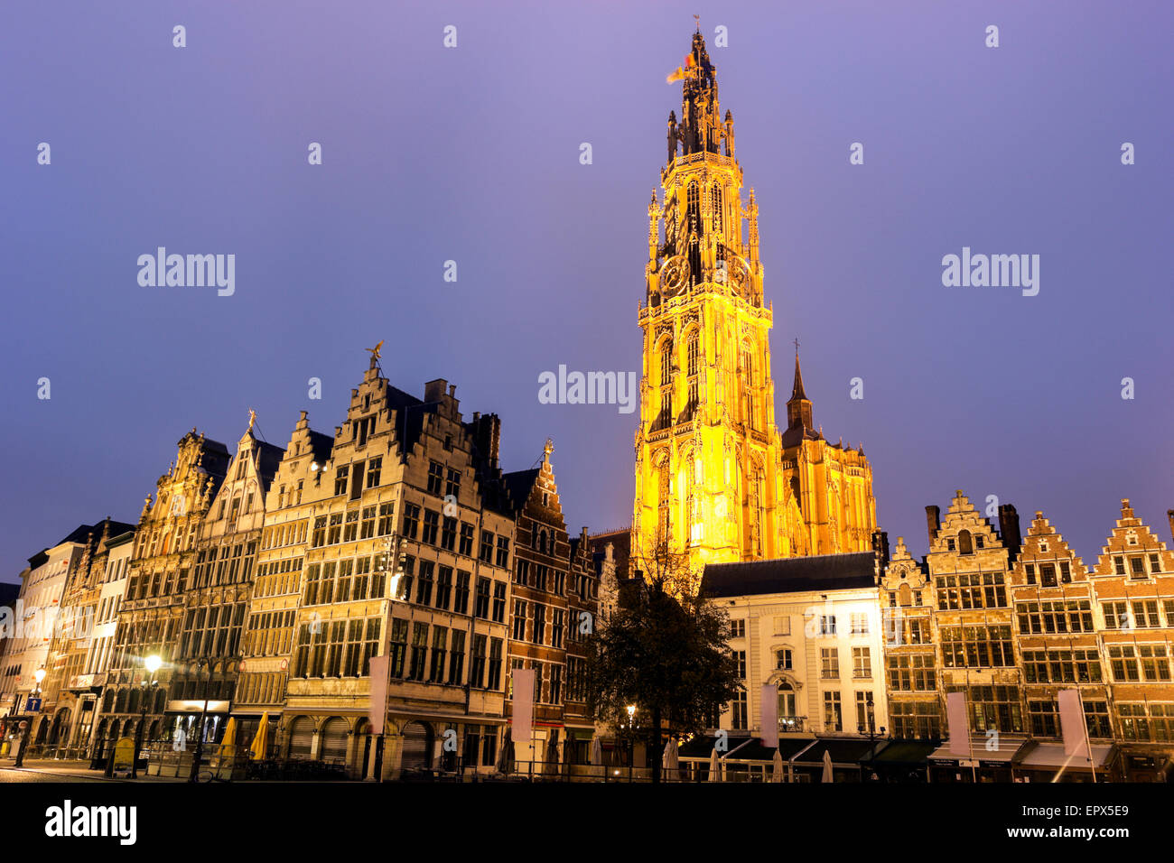 Belgium, Flemish Region, Antwerp, Illuminated Cathedral of Our Lady and ...
