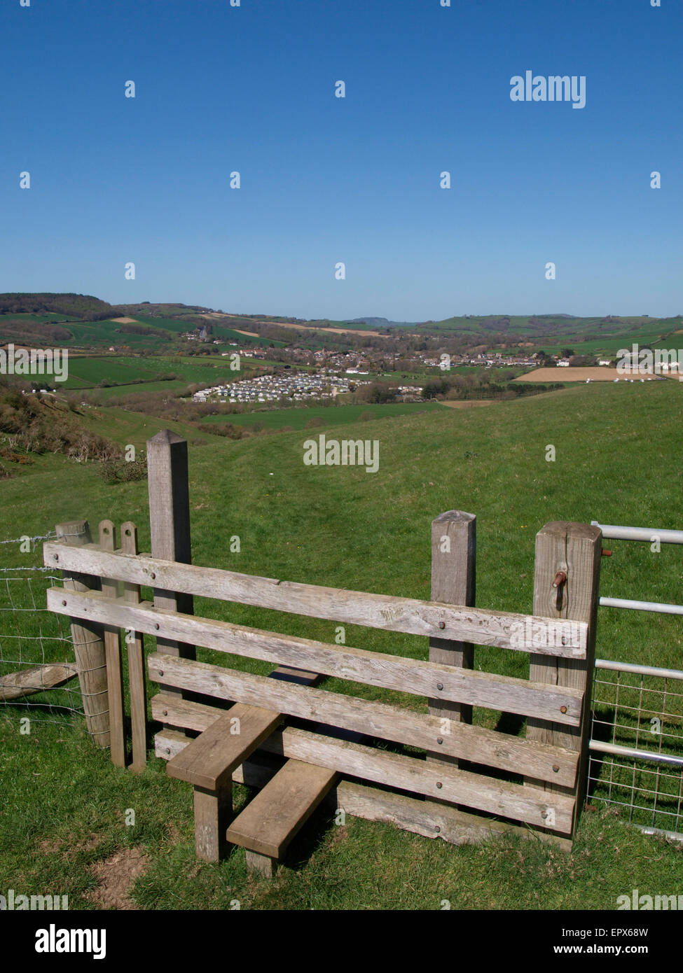 A stile along the southwest coast path above Seatown, Dorset, UK Stock ...
