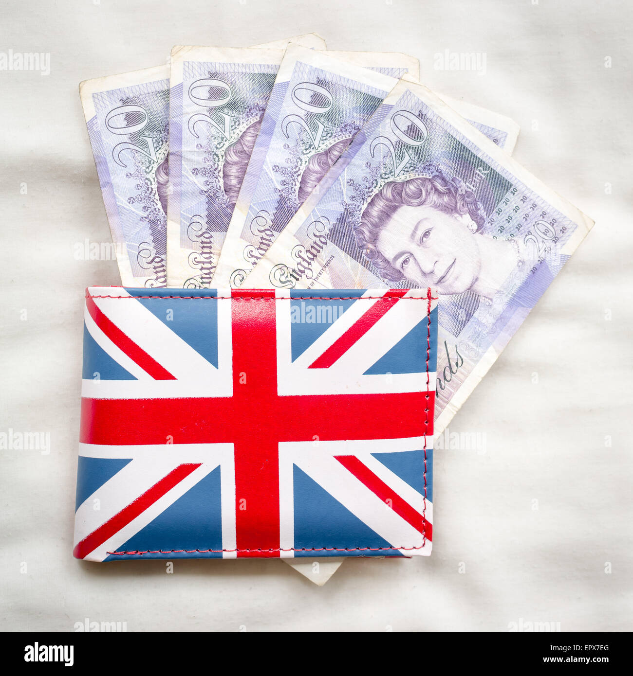 British cash £20 notes sterling currency money in Union Flag wallet ...