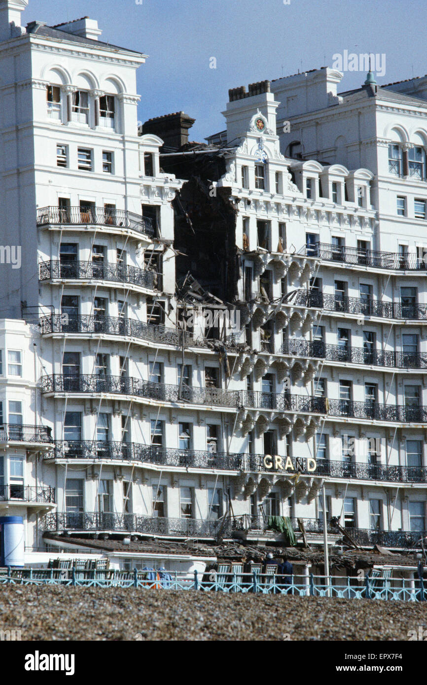Exterior view showing damage to the Grand Hotel in Brighton following ...