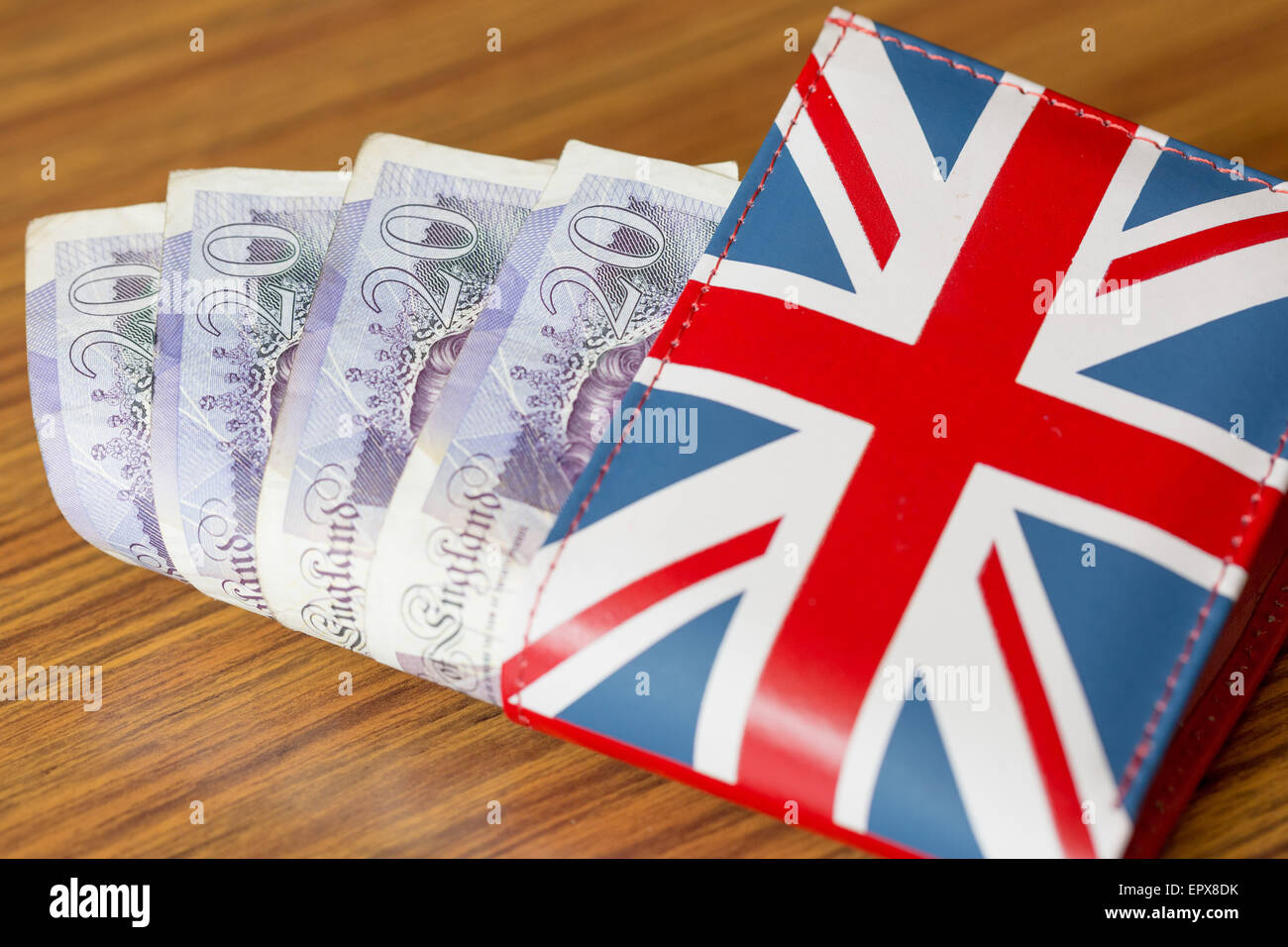 British cash £20 notes sterling currency money in Union Flag wallet ...
