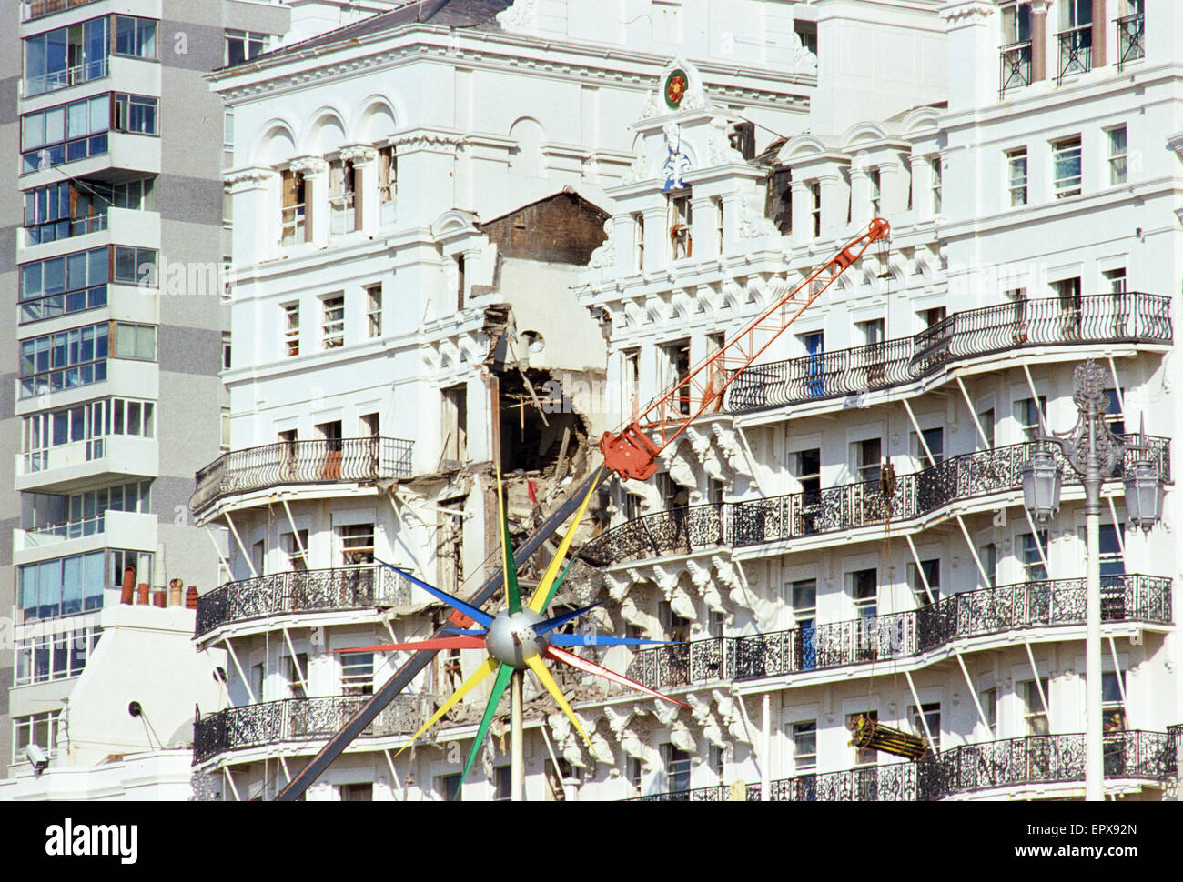 Exterior view showing damage to the Grand Hotel in Brighton following ...