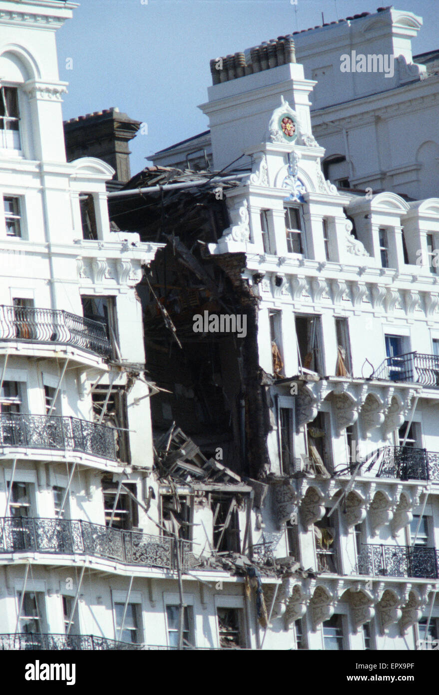 Exterior view showing damage to the Grand Hotel in Brighton following ...