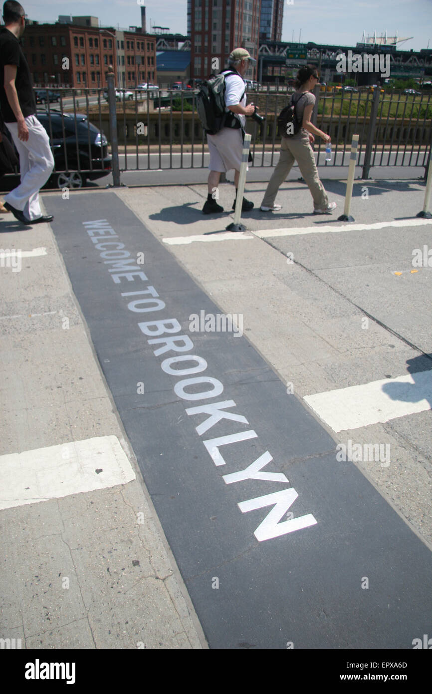 View of the Welcome to Brooklyn sign on the Brooklyn Bridge, Manhattan ...