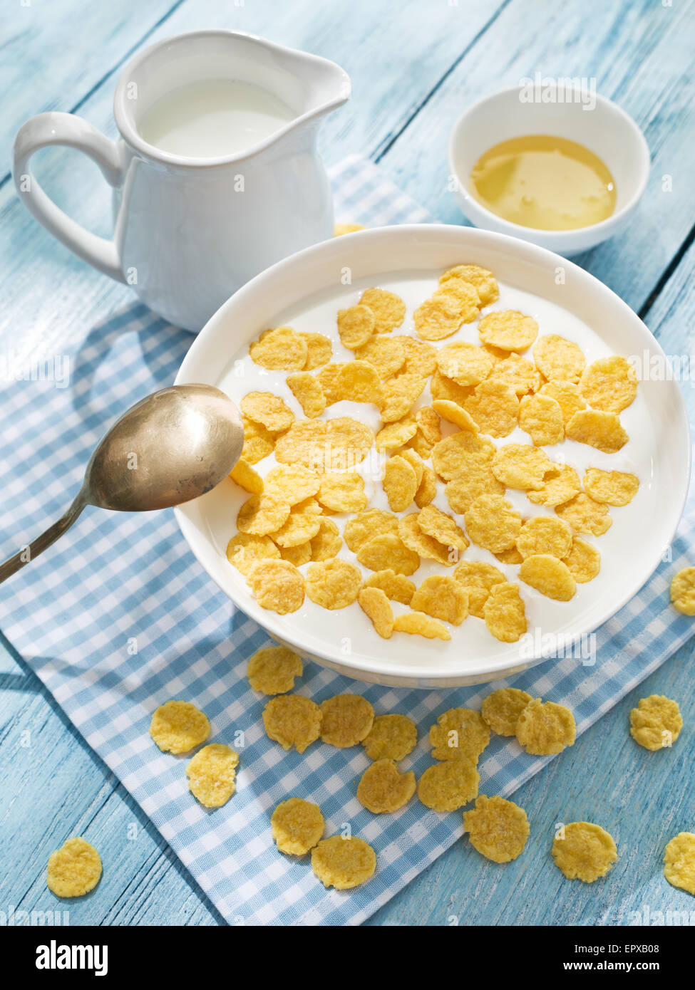 Cornflakes cereal and milk. Morning breakfast Stock Photo - Alamy