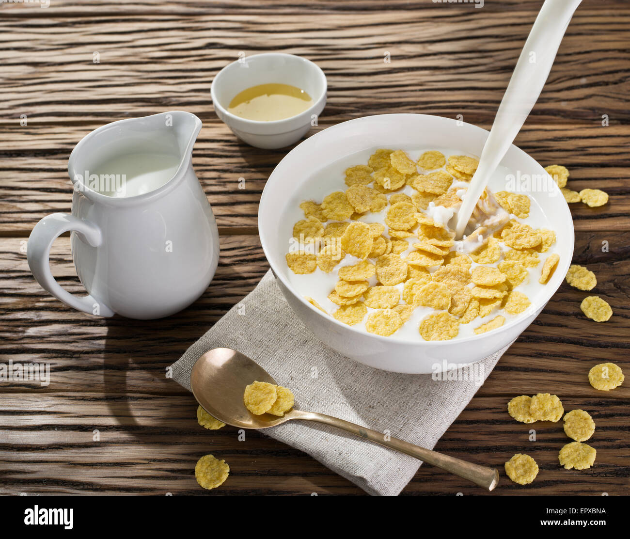 Cornflakes cereal and milk. Morning breakfast Stock Photo - Alamy
