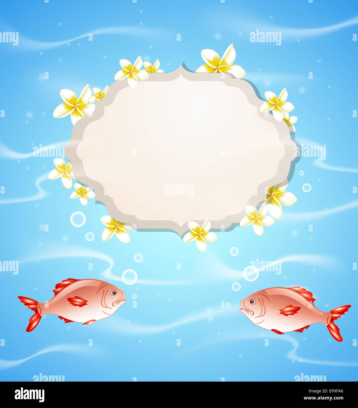 Blue summer background with label, tropical flowers and fish Stock ...