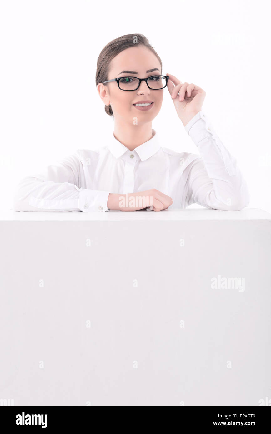 Beautiful woman advertising in formal clothes Stock Photo - Alamy