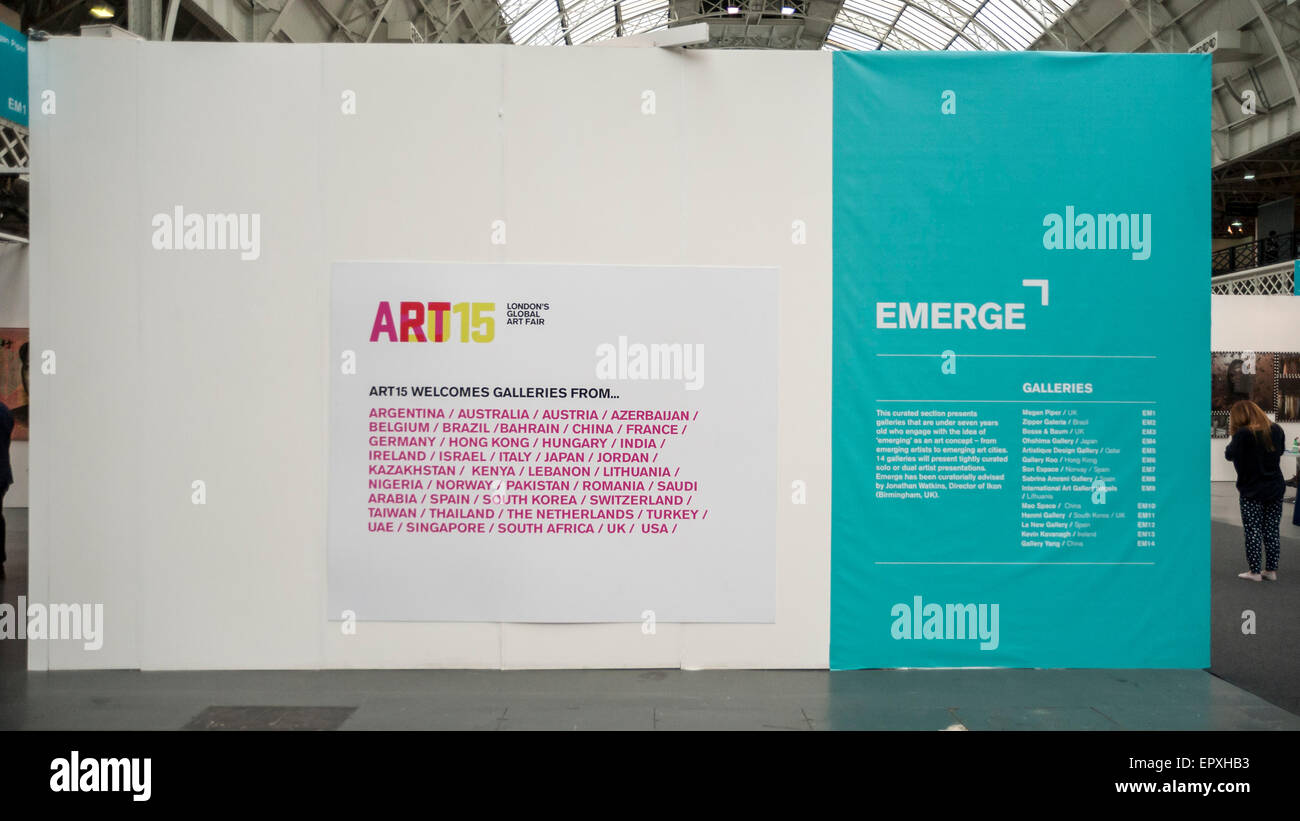 London, UK. 22 May 2015. Welcome sign to Art15, a global art fair ...