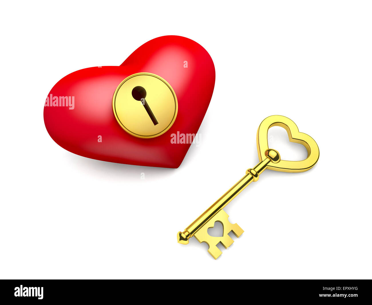 Heart with keyhole and golden key isolated on white background. 3D ...