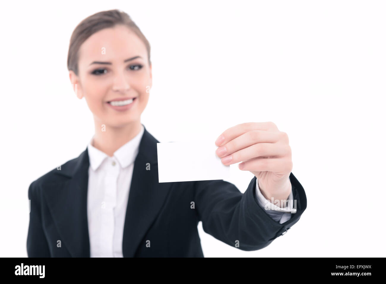 Beautiful woman advertising in formal clothes Stock Photo - Alamy