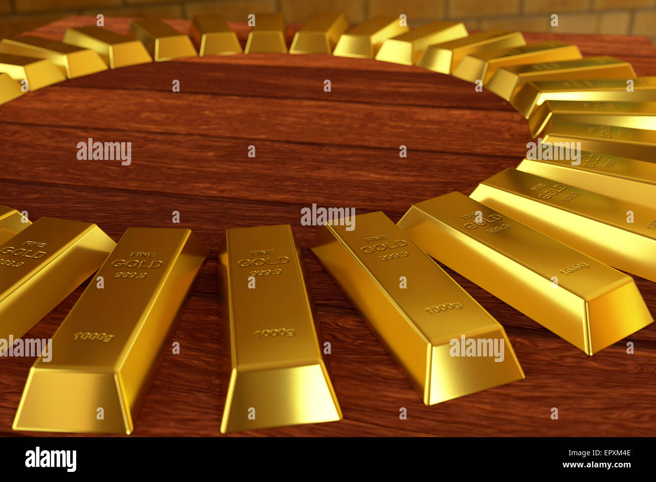 rendered gold bars in circle shape on the planks Stock Photo - Alamy