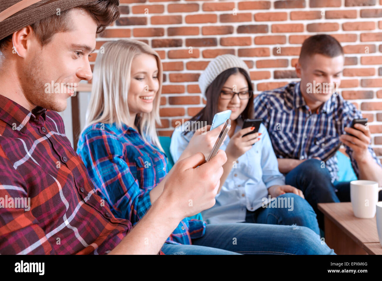 Modern party with mobile phones Stock Photo - Alamy