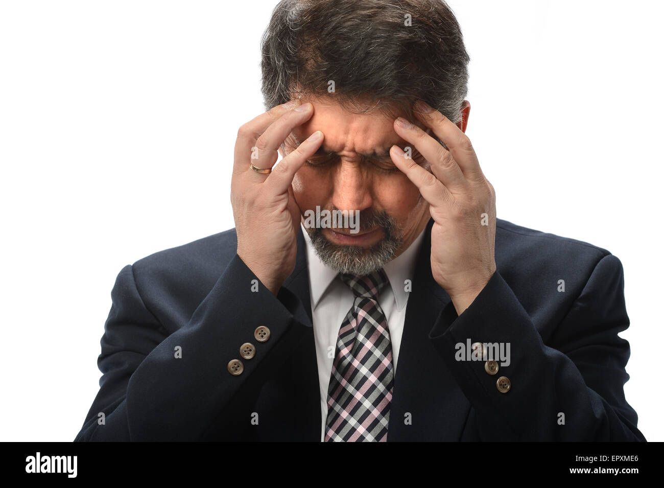 Hispanic businessman under stress isolated over white background Stock ...