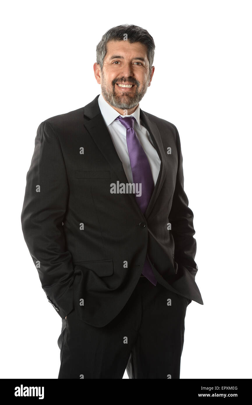 Portrait of Hispanic businessman smiling isolated over white background ...