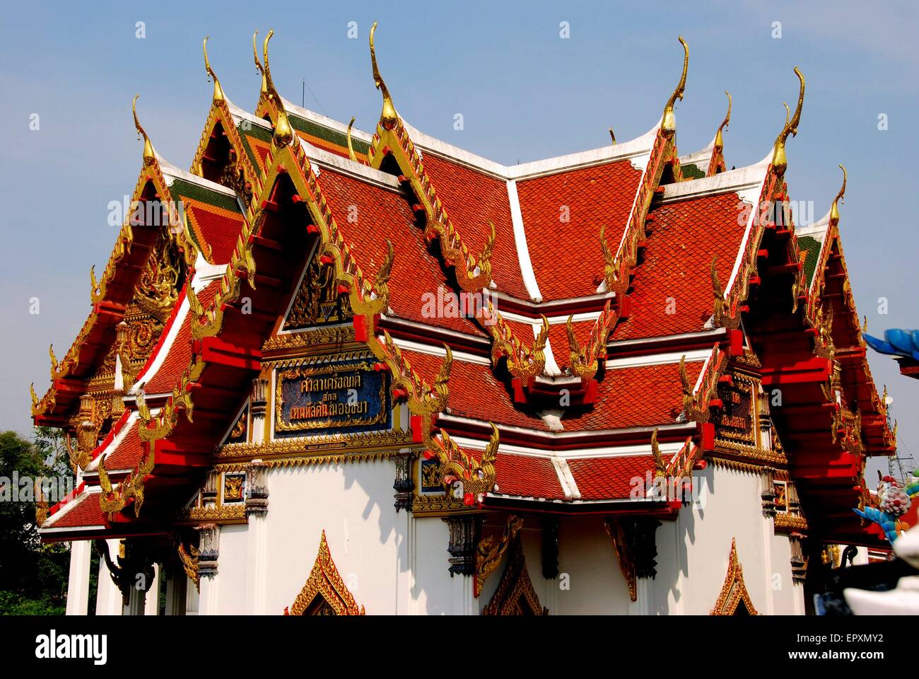 Bangkok, Thailand: Opulent temple pavilion with steeply pitched gabled ...