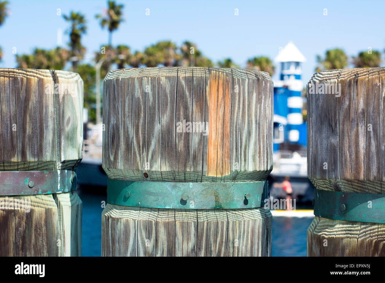 A close up of a wooden support post on a shoreline boardwalk in Redondo ...