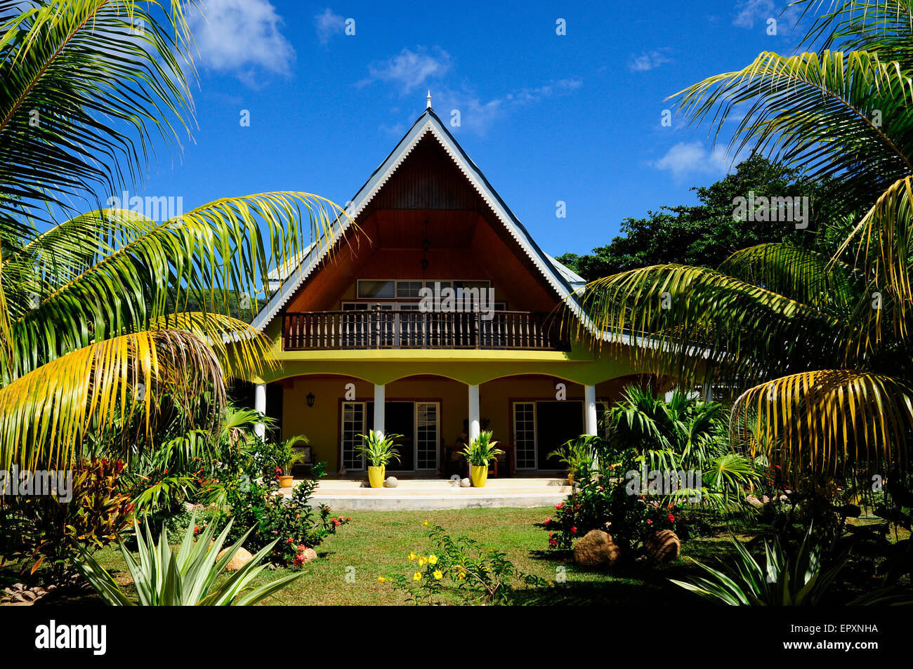 typical creole house on La Digue island, Seychelles Stock Photo - Alamy