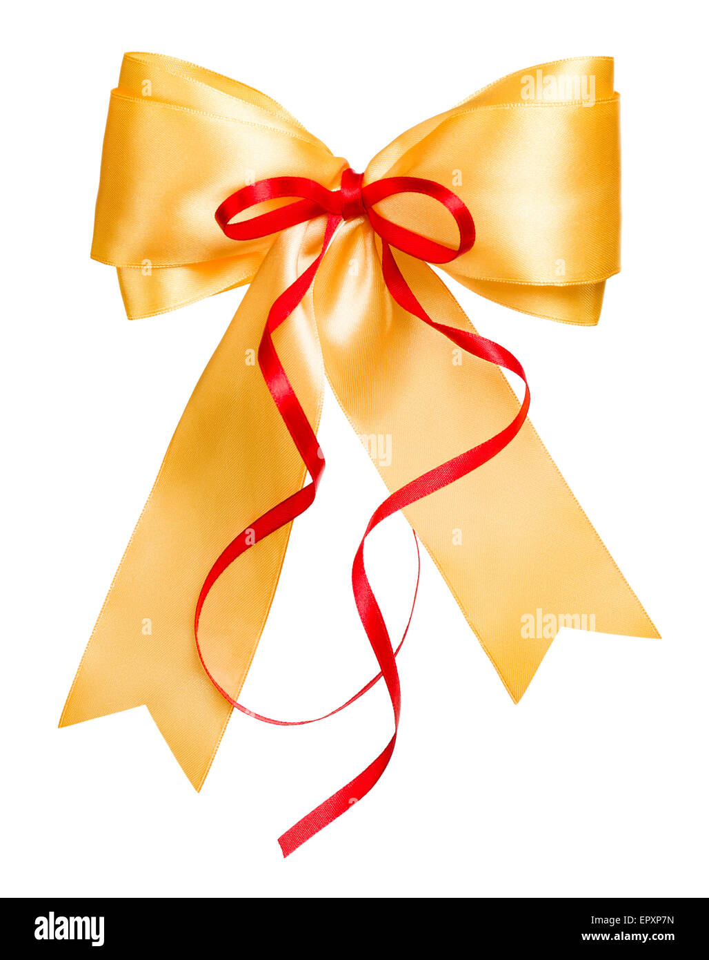 golden bow with red ribbon made from silk isolated Stock Photo - Alamy