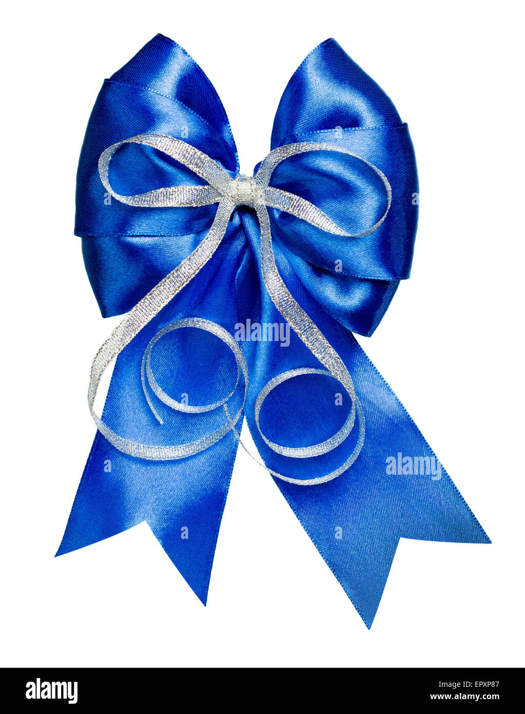 blue bow with silver ribbon made from silk isolated Stock Photo - Alamy