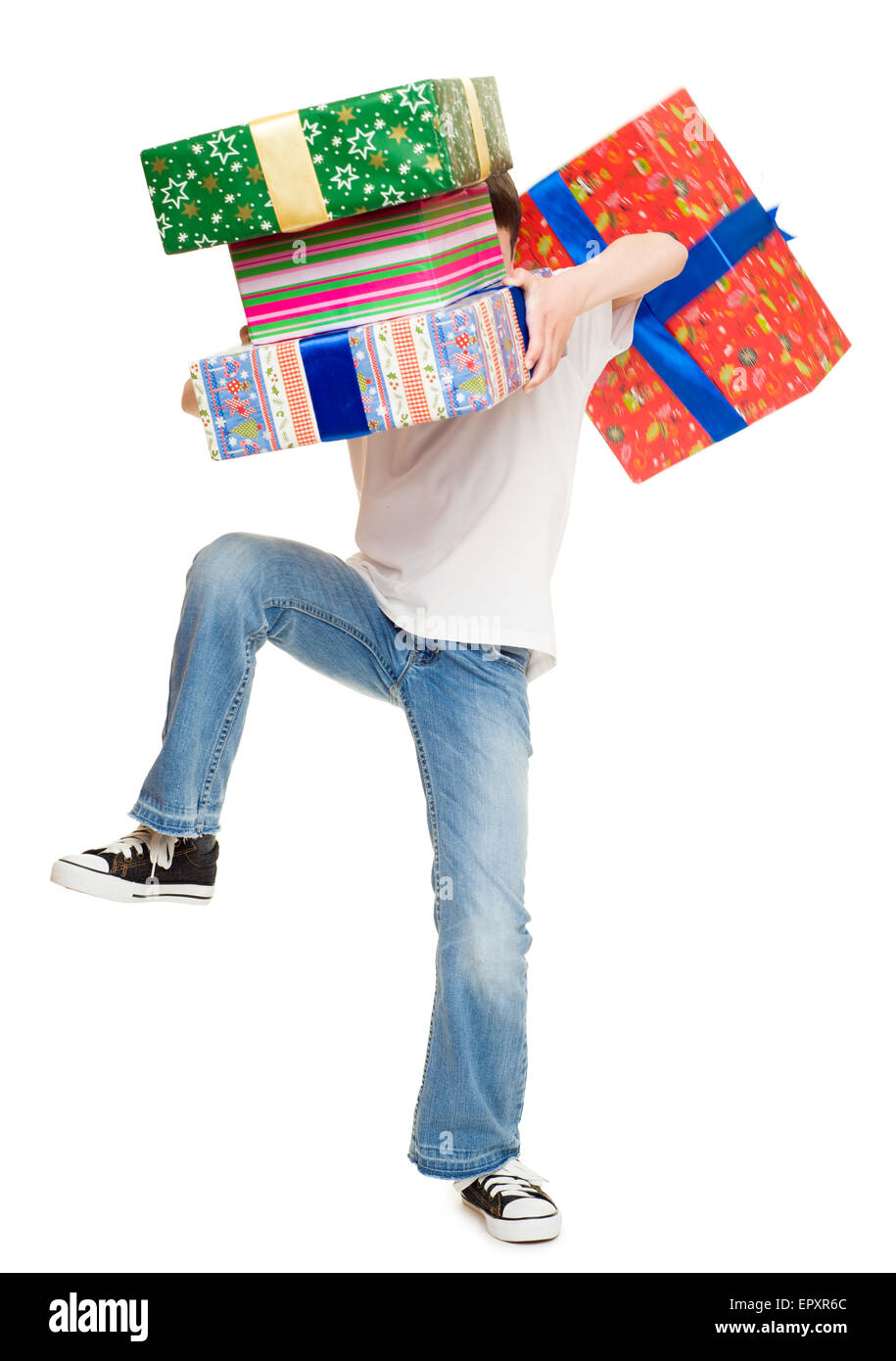 boy drops gift boxes Stock Photo - Alamy