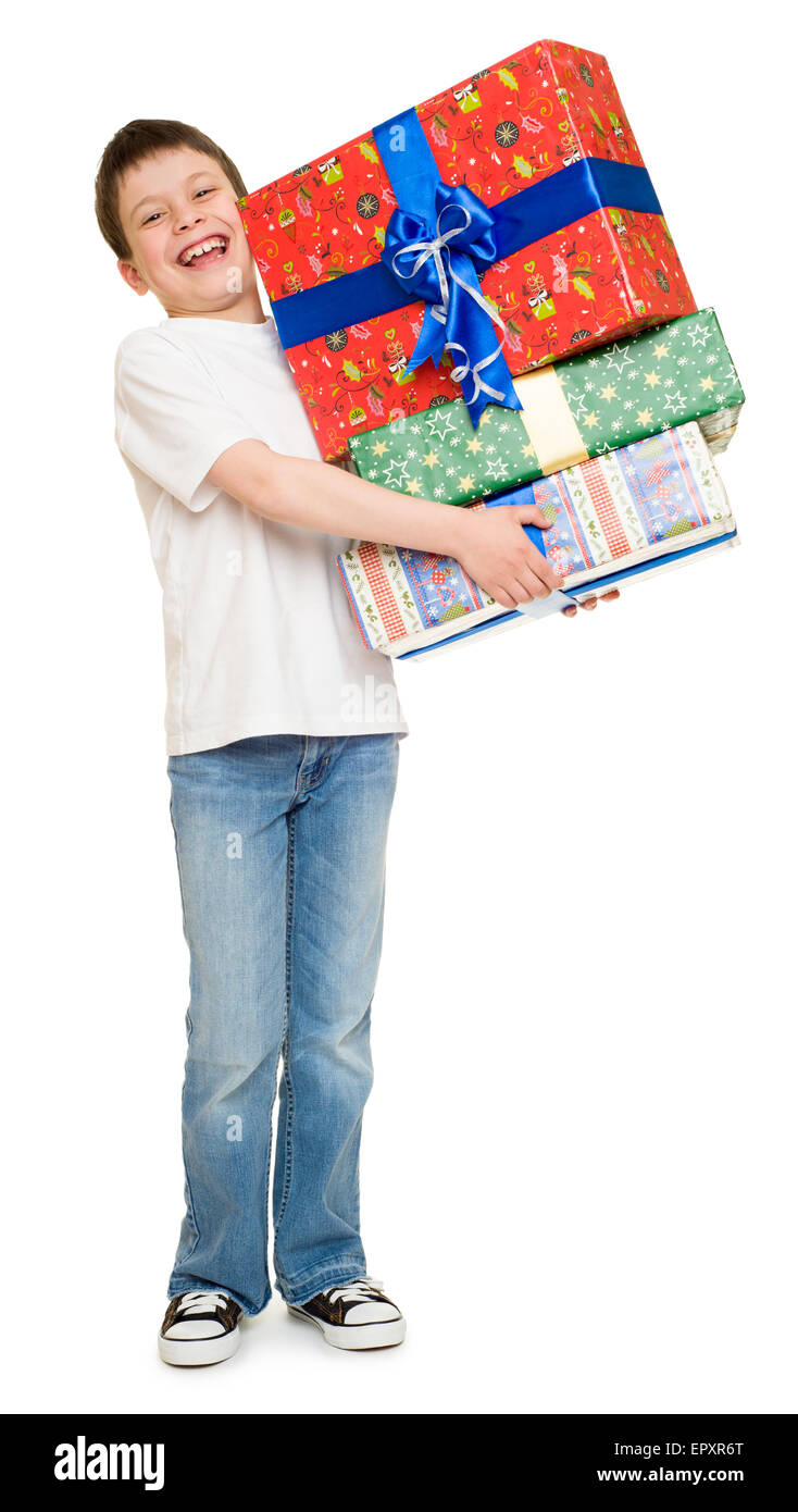 boy with stack of gift boxes Stock Photo - Alamy