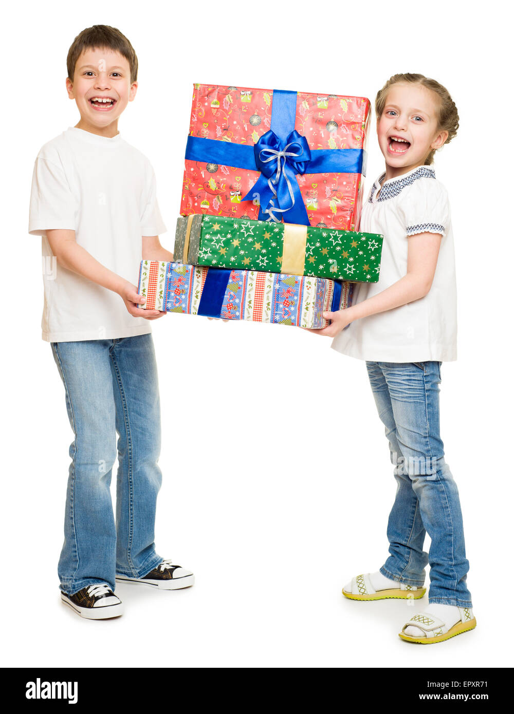 two child with gift boxes on white Stock Photo - Alamy