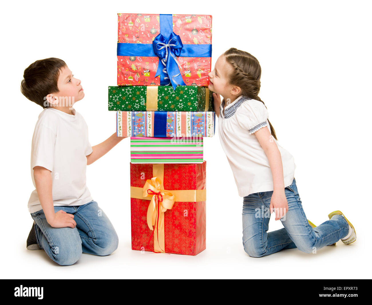 two child with gift boxes on white Stock Photo - Alamy