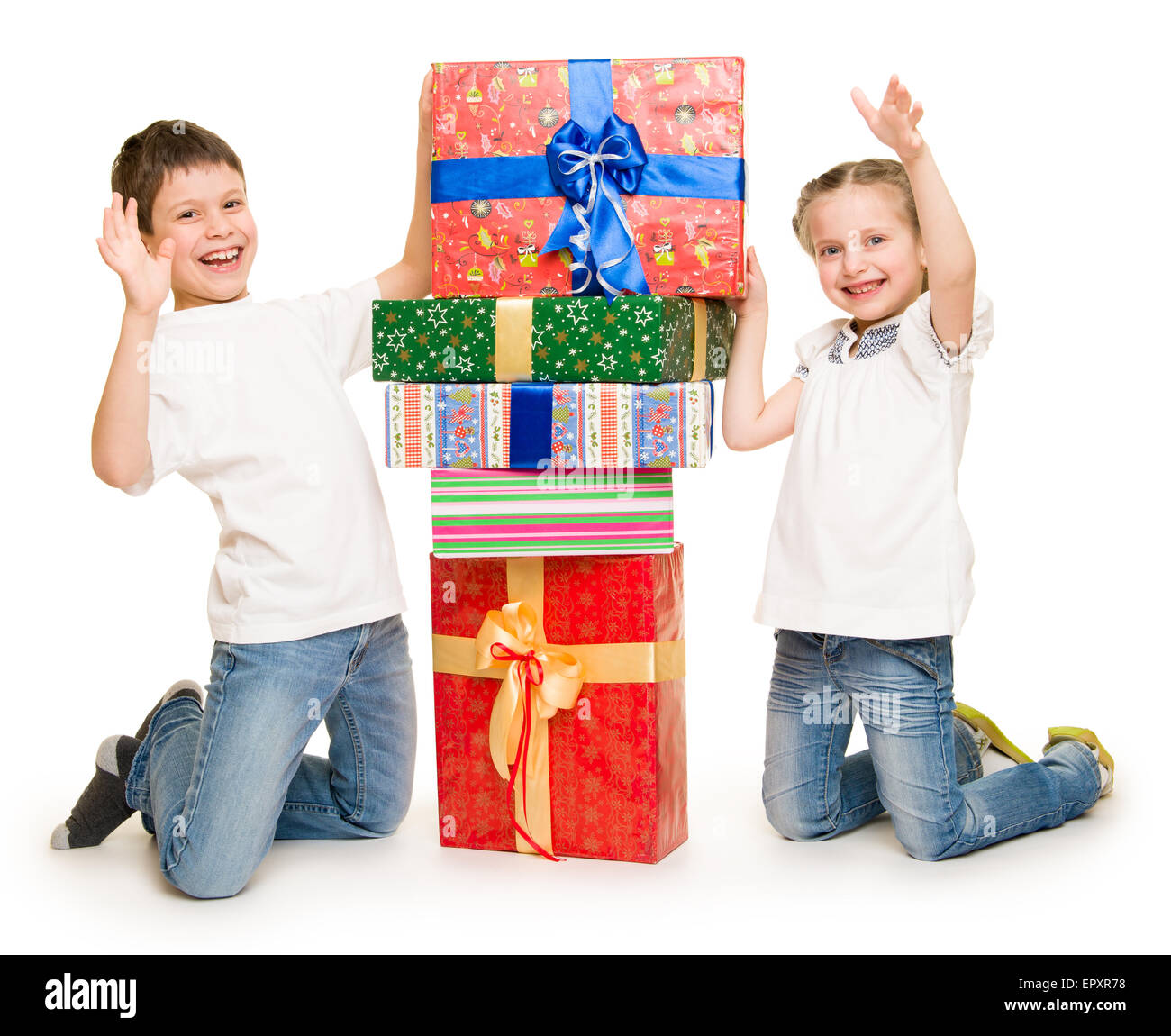 two child with gift boxes on white Stock Photo - Alamy