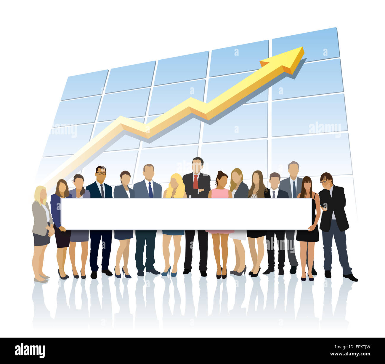 Crowd of businesspeople standing in front of large chart and holding ...