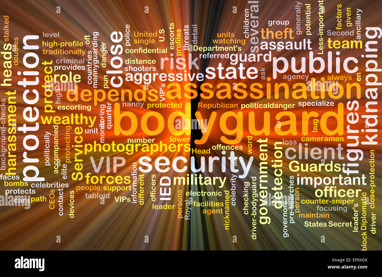 Background concept wordcloud illustration of bodyguard glowing light ...