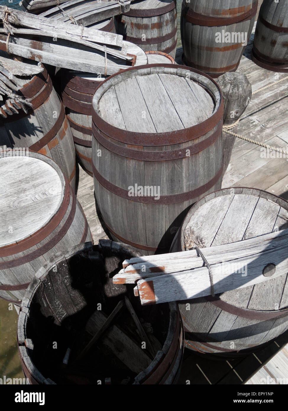 Wooden barrels at a pier Stock Photo - Alamy