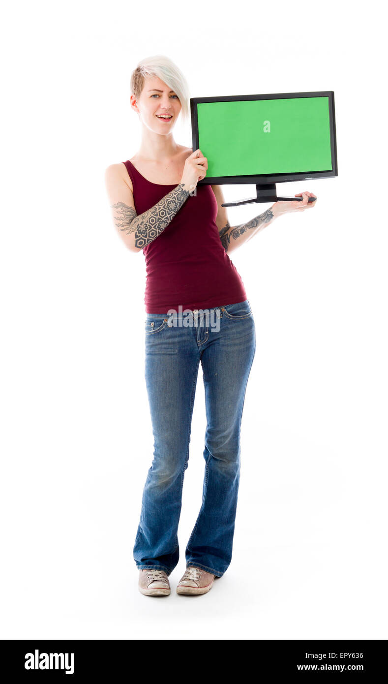 Model in studio isolated on plain grey background Stock Photo - Alamy