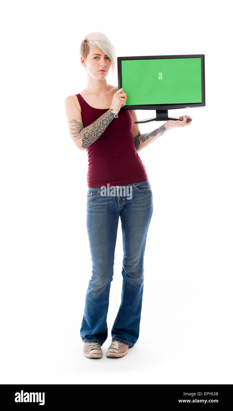 Model in studio isolated on plain grey background Stock Photo - Alamy