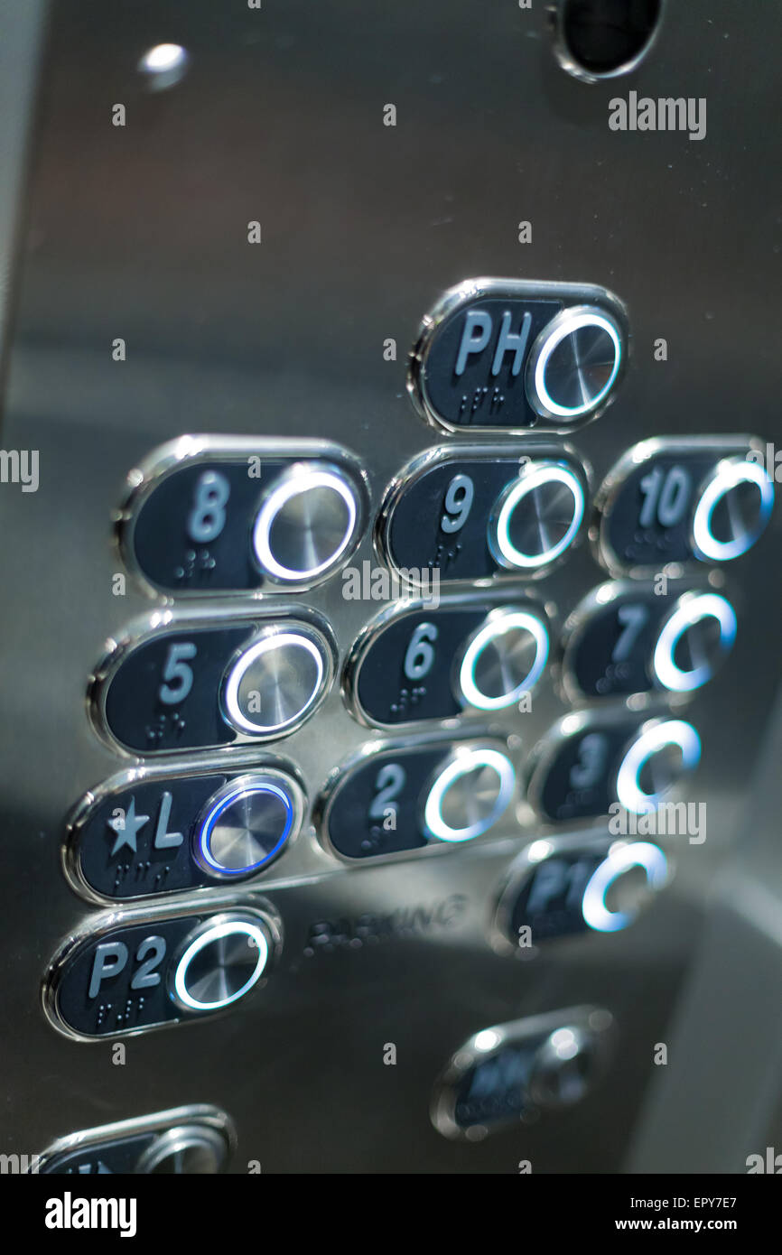 Full frame of numbered buttons with braille markings on elevator ...