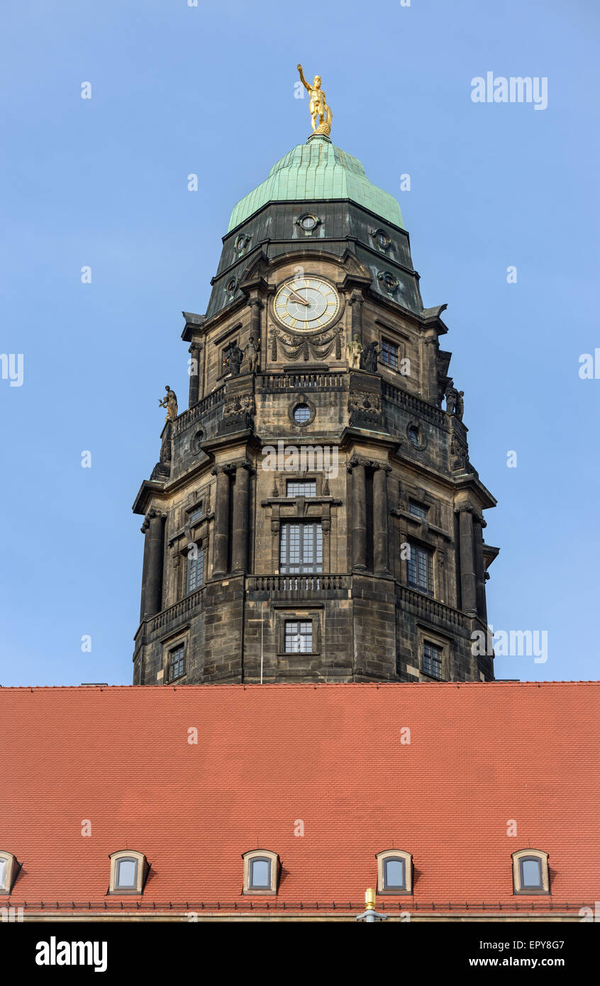 View of old Baroque tower topped by Hercules statue above roof of New ...