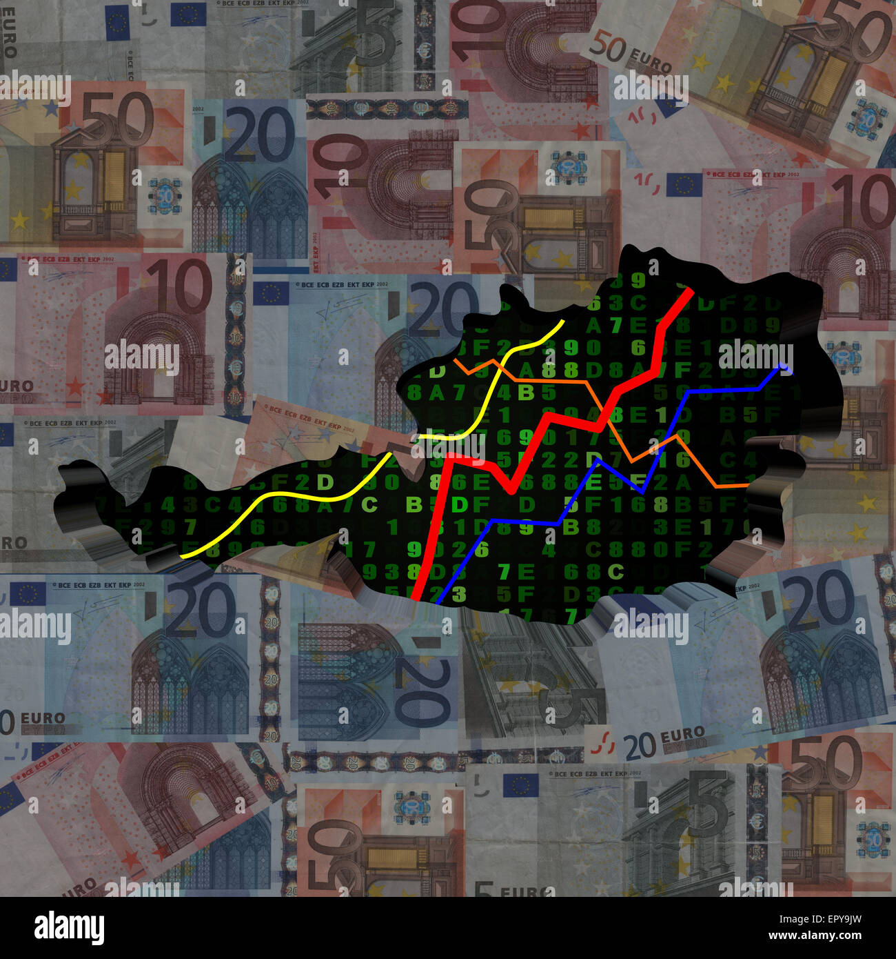 Austria map with hex code and graphs on euros illustration Stock Photo ...