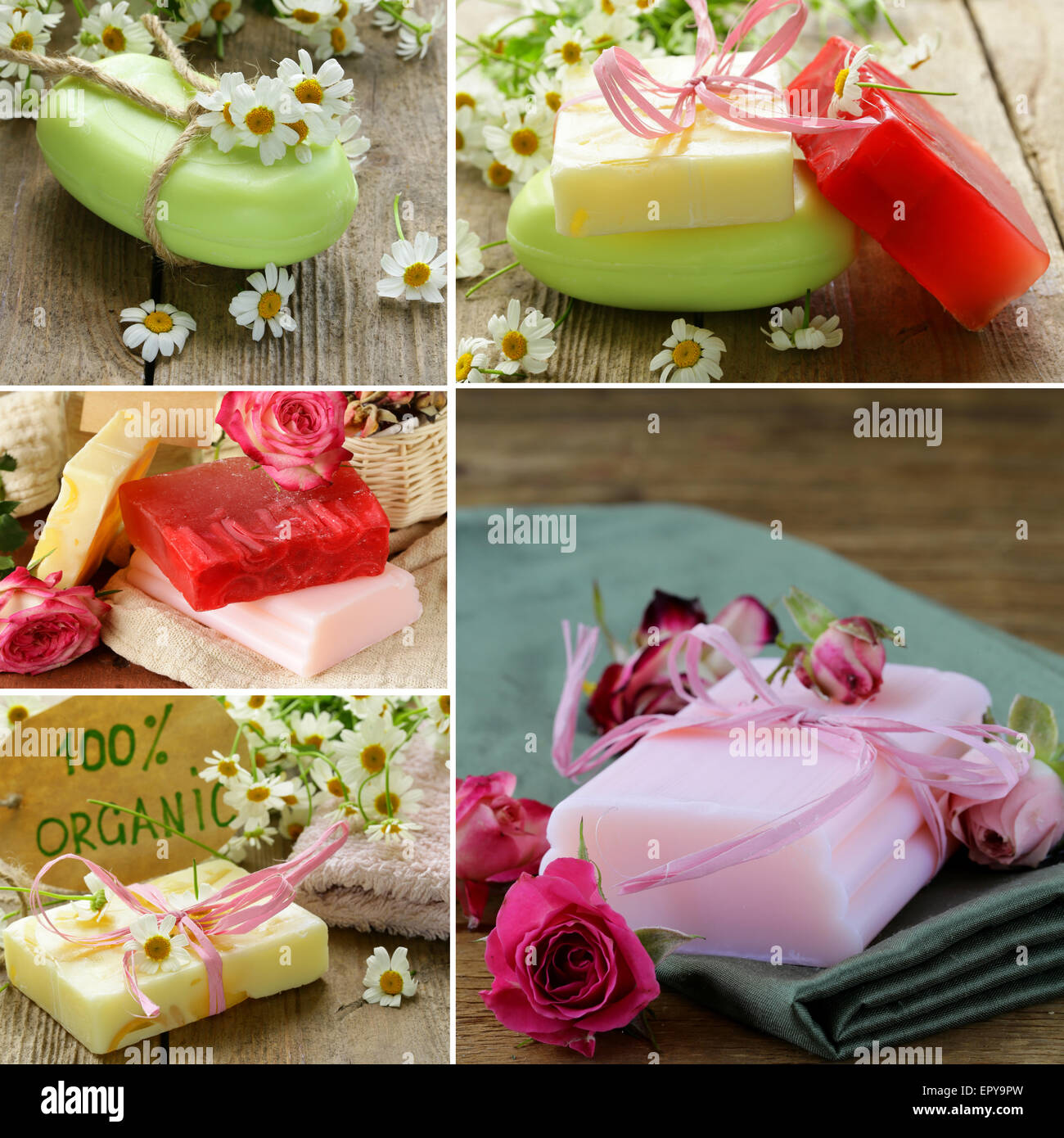 collage of different organic soap with flowers on a wooden background ...