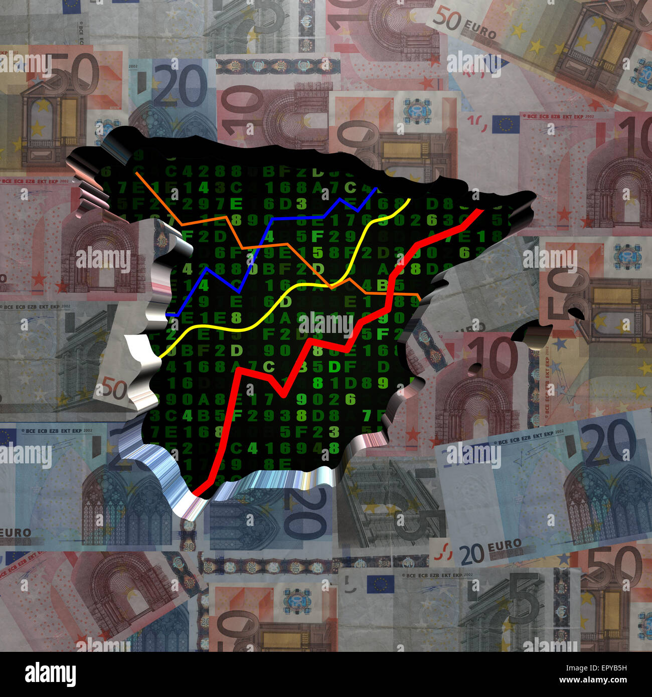 Spain map with hex code and graphs on euros illustration Stock Photo ...